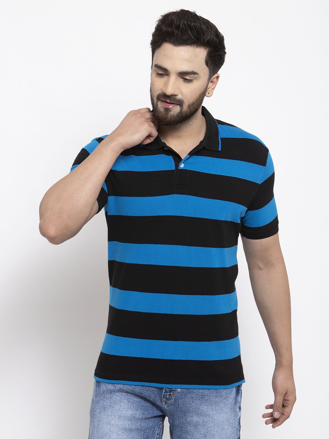 Sanskar Menswear Striper Polo Aster Blue Black